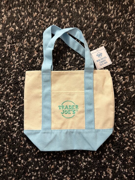 Bags | Trader Joes Mini Pastel Canvas Tote Bag Baby Blue Cream ...